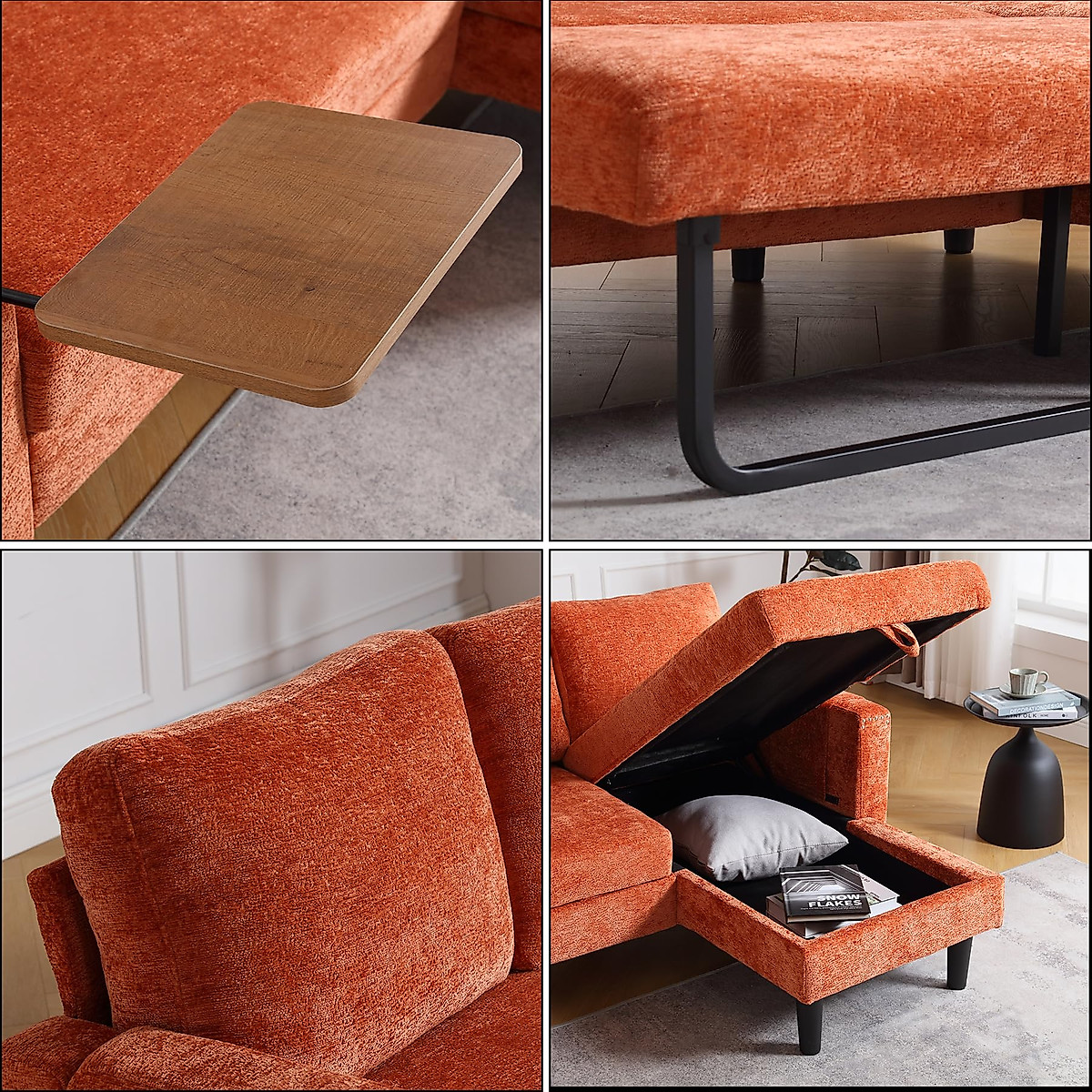 OUYESSIR L Shaped Sleeper Convertible Sofa with Pull Out Bed, Chenille Modern 3 Seater Sofa Couch with Storage Chaise Lounge & Laptop Table, Upholstered Furniture for Living Room Bedroom, Orange