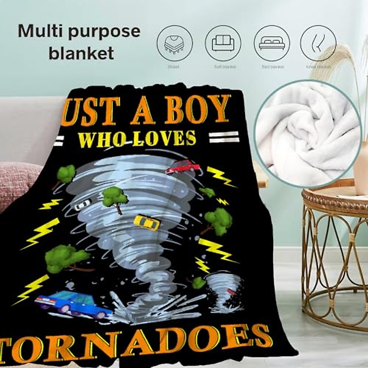 Just A Boy Who Loves Tornado Blanket Best Gifts Super Soft Premium Flannel Throw Blanket, Warm Plush Perfect for Sofa Bed Camping Blankets All Season Use (50" L X 40" W)