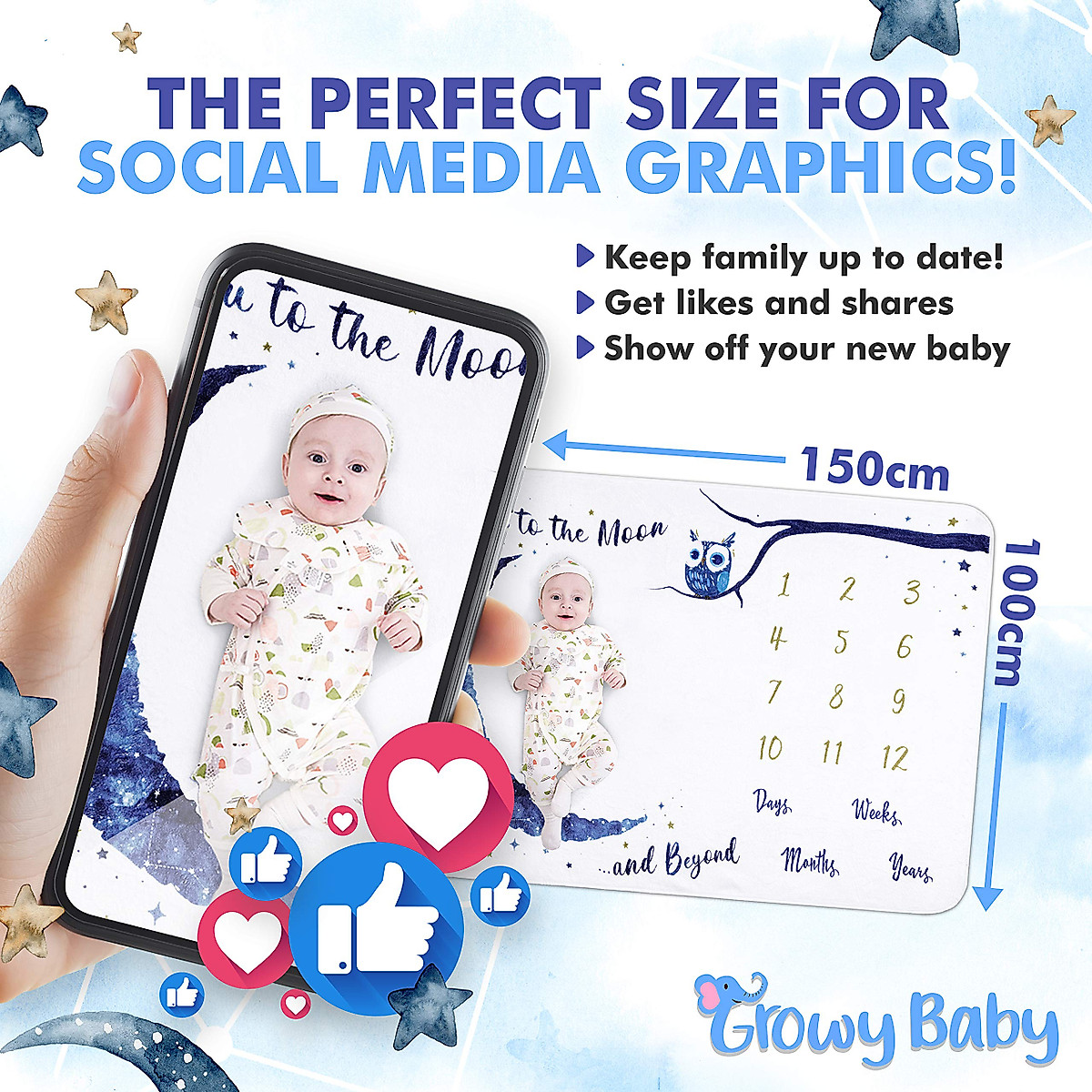 GROWY BABY Monthly Milestone Blanket Boy & Girl - Moon & Owl Baby Monthly Milestone Blanket Baby Boy Gifts - Nursery Decor Newborn Baby Shower Unisex Baby Milestone Blanket Girl - 60"x40"