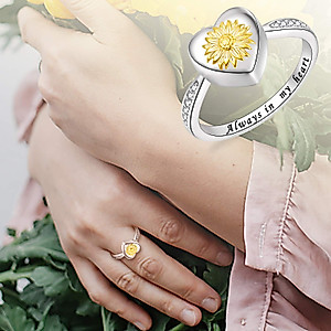 Fookduoduo Sterling Silver Sunflower Urn Ring Creamation Jewelry for Ashes Always in My Heart Urn Finger Rings for Women for Remembrance Keepsake Gift for Loss of Loved Furry Friend (7)