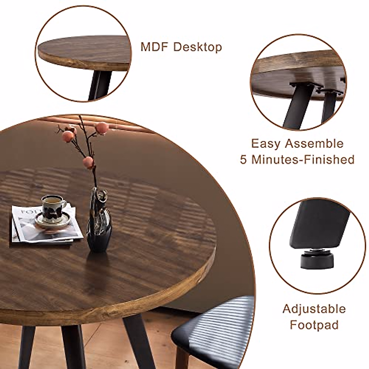 Comfy to go Round Dining Table, 31.5" Small Kitchen Table for 2-4 Person, Mid Century Modern Dining Table with 1.4" Thickness Wood Grain Tabletop for Dining, Living Room, Small Space (Rusty Brown)