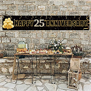 Yoaokiy Happy 25th Anniversary Banner Decorations Supplies, Large 25 Year Wedding Anniversary Party Sign, Black Gold 25 Years Anniversary Backdrop Photo Props for Outdoor Indoor(9.8x1.6ft)