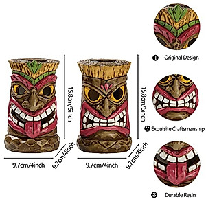 TERESA'S COLLECTIONS Set of 2 Tribal Tiki Head Decor Garden Sculptures & Statues with Solar Lights, Hawaiian Tropical Tiki Torch Totem Figurine, Outdoor Bar Patio Yard Lawn Party Beach Decorations