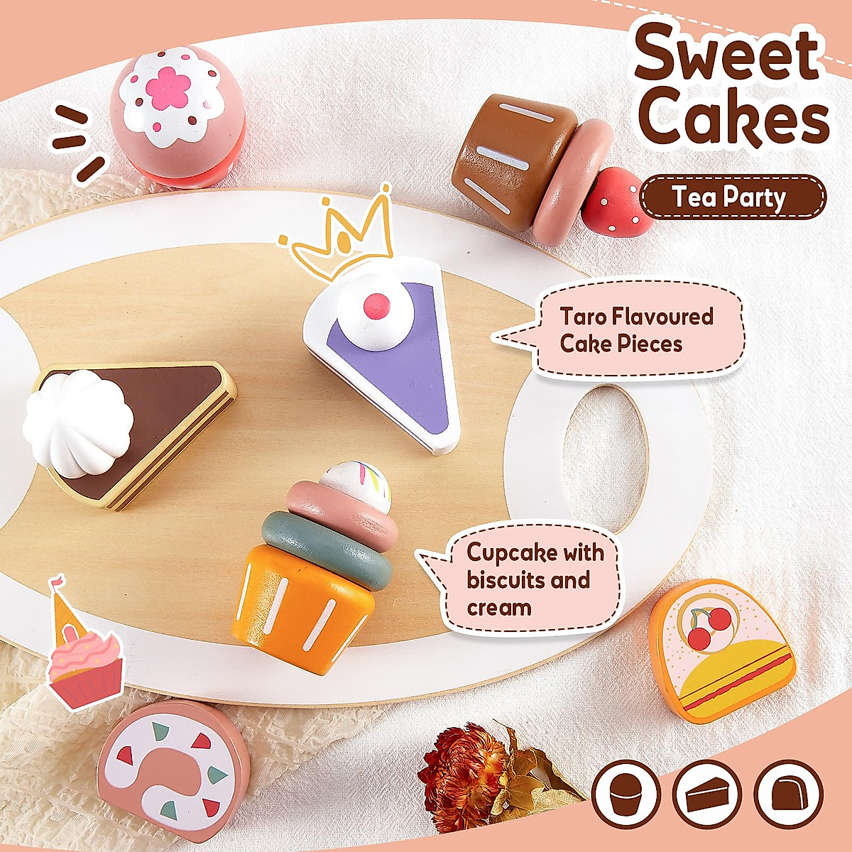 HYAKIDS Wooden Cake Play Food Set Toy, Tea Party Set for Toddler, with Cake Stand, Pretend Play Kitchen Toys for Kids