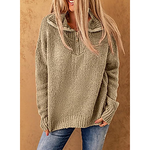 Dokotoo Oversized Quarter Zip Pullover Sweaters for Women Cute Waffle Knit Oversized Fall Winter Outfits Jumpers TopFashion V Neck Long Sleeve Warm Cozy Polo Ladies Khaki Sweater X-Large