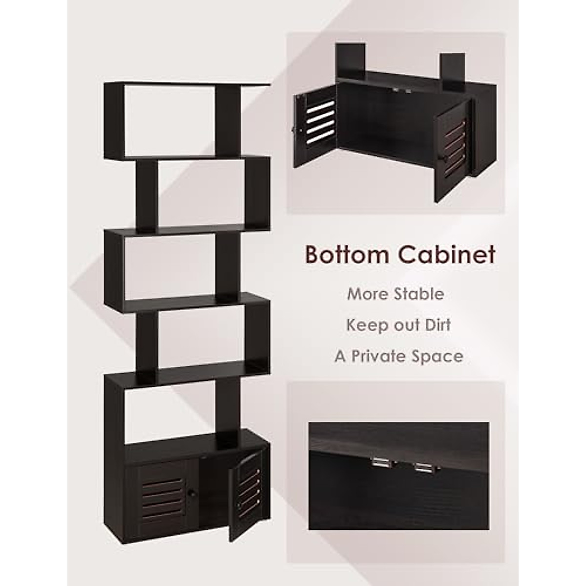 DINZI LVJ 6-Tier Bookshelf, S-Shaped Geometric Bookcase, Book Shelf with Cabinet, Display Shelf with Door, Freestanding Decorative Storage Shelving for Living Room, Home Office, Espresso