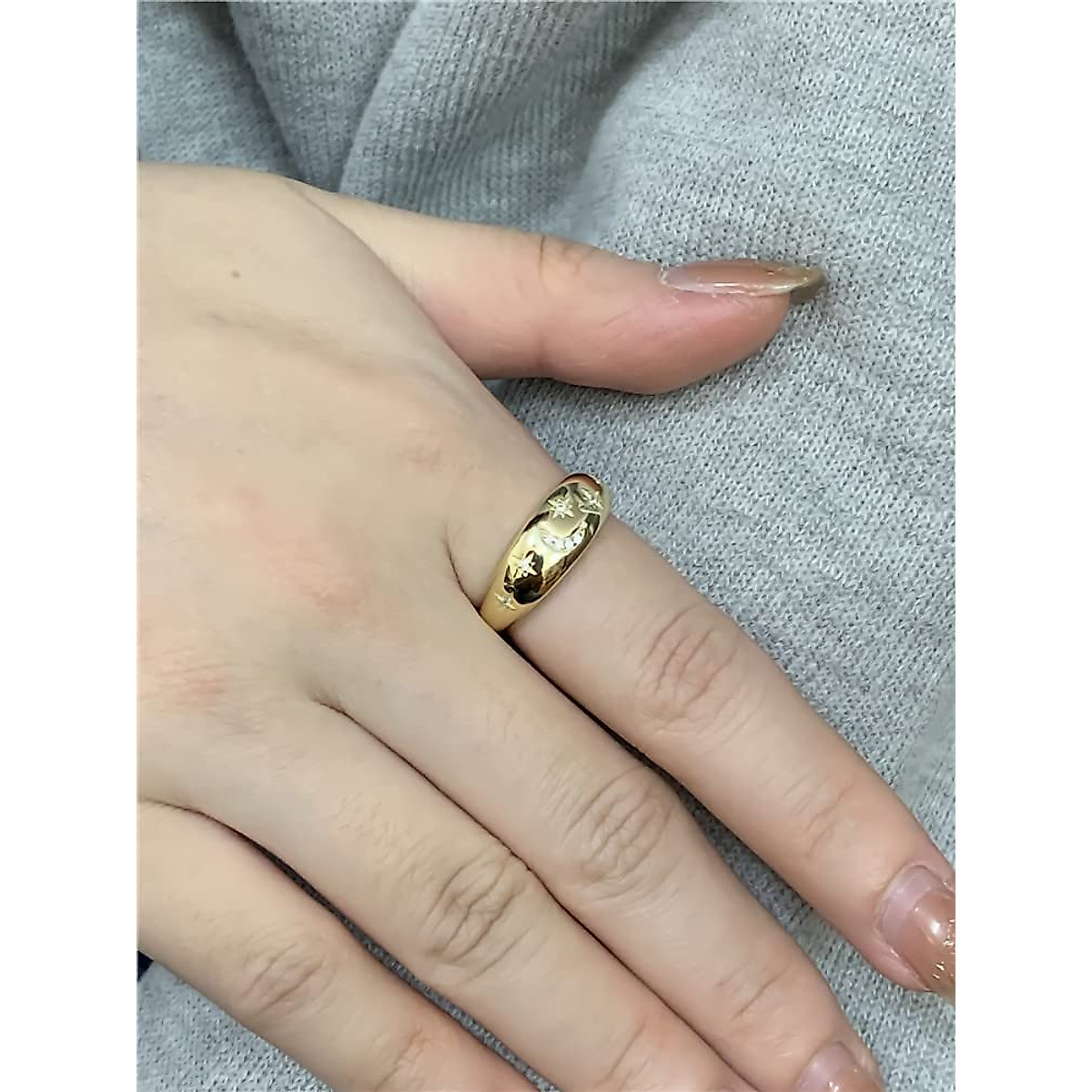 Dome CZ Star Moon 925 Sterling Silver Statement Ring for Women Girls Expandable Adjustable Chunky Wide Open Band Rings Comfort Fit Jewelry (Gold Plated)