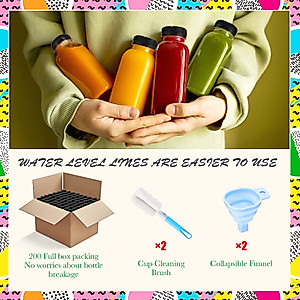 Skylety 200 Pcs Plastic Juice Bottles with Lids, Empty Clear Juice Bottles with Caps and Label, Juice Storage for Fridge with 2 Pcs Funnel and 2 Pcs Brush Beverage Containers for Juicing Milk (16 oz)