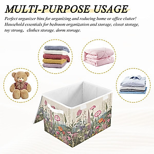 xigua Storage Basket Wildflowers Storage Boxes with Lids and Handle, Large Storage Cube Bin Collapsible for Shelves Closet Bedroom Living Room, 16.5x12.6x11.8 Inch