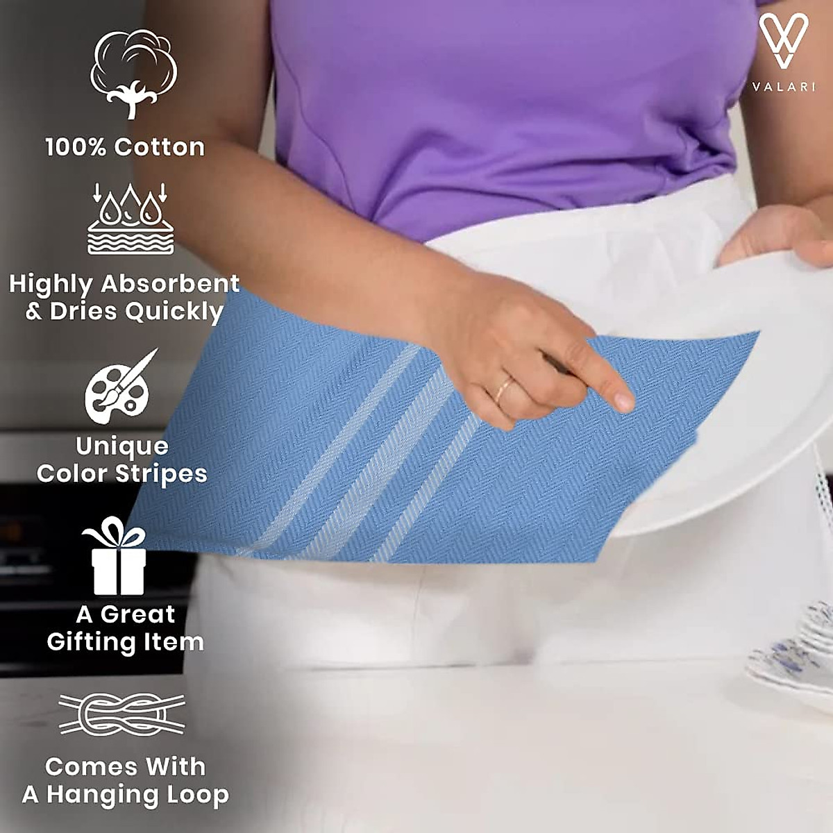 VALARI 100% Cotton Kitchen Dish Towels | Reusable Tea Towels & Hand Towels | Super Absorbent, Quick Dry Kitchen Towels | 14x25 Inch |Pack of 12, White/Blue