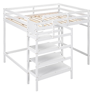 Full Loft Bed with Stairs Wood Frame Storage Shelves and Hanging Rod White Beds for Kids Boys Girls Adults Teens Dorm Bedroom, Full Size White With Stairs