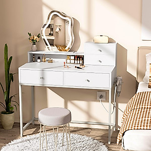 GreenForest White Vanity Desk with LED Lighted Mirror, 31 inch Makeup Vanity with 2 Drawers and Storage Shelves, Small Dressing Table for Women Girl Bedroom, Silver Grey