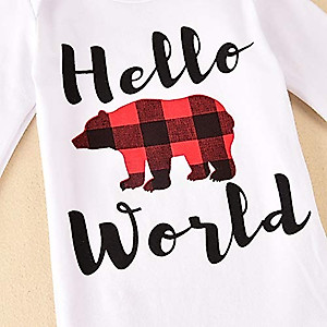 Newborn Baby Boy Winter Clothes Hello World Letter Print Baby Bear Outfits Buffalo Plaid Pants Hat Christmas 3PCS Sets (Hello World, Preemie)