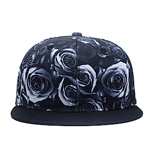 Quanhaigou Premium Floral Black White Rose Twill Adjustable Snapback Hat Hip-Hop Flat Peaked Baseball Caps