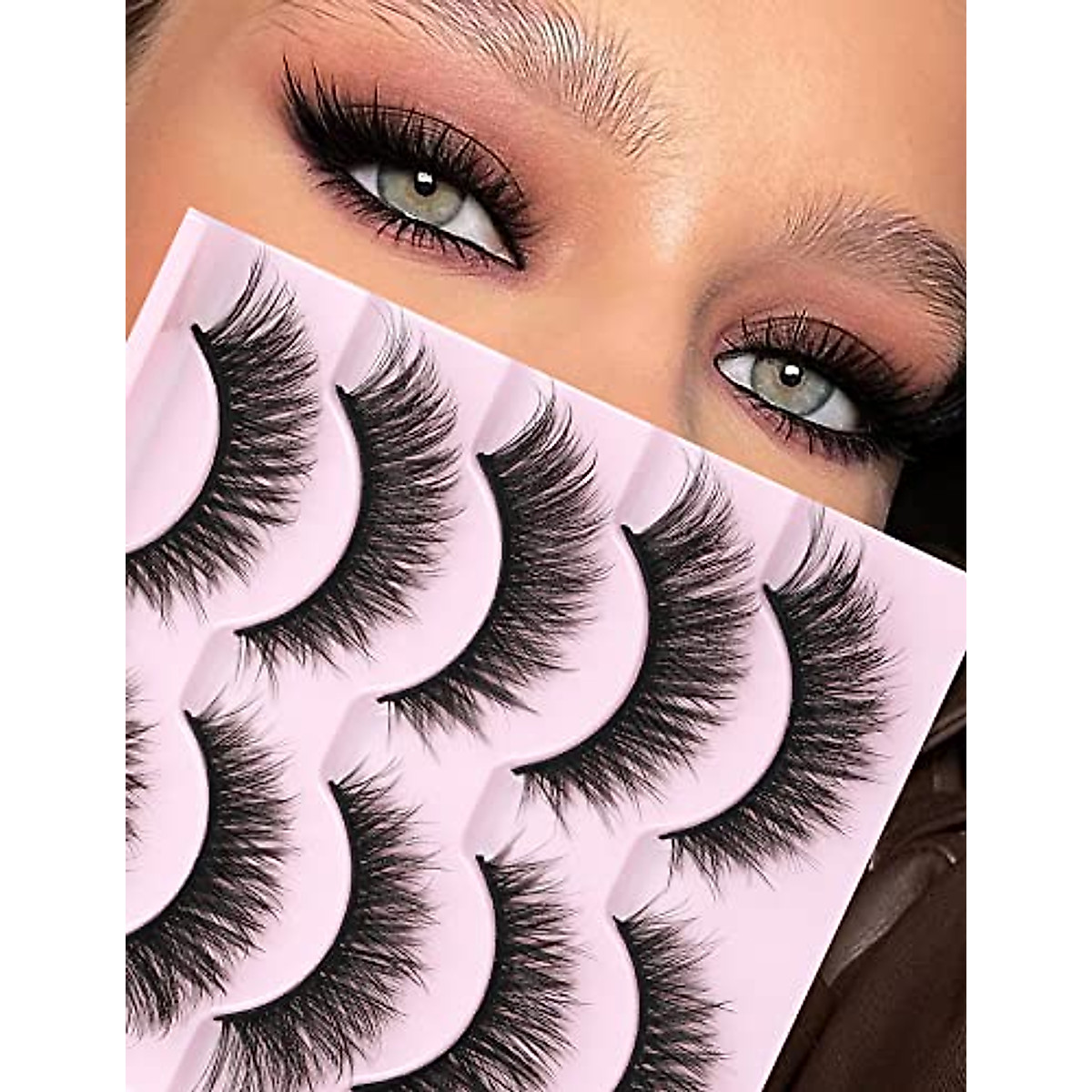 False Lashes Wispy Fox Eyelashes Natural Look Strip Cat Eye Lashes 16mm Fake lashes Fluffy Angel Lashes Pack 5 Pairs Black