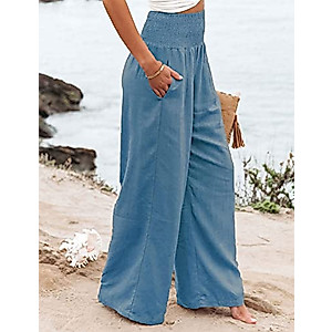 Zontroldy Cotton Linen Wide Leg Pants for Women Casual Elastic High Waist Smocked Palazzo Lounge Pants(0718-DenimBlue-XL)