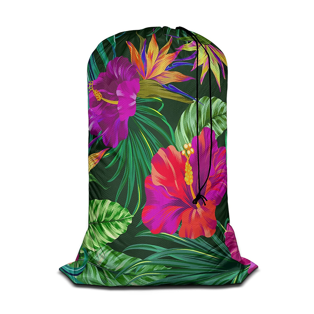 Swono Tropical Flowers Drawstring Closure Dirty Clothes Bag Organizer, Heavy Duty Large Laundry Bag, Floral Pattern Botanical Hibiscus Palm Leaf Bird Summer Rip-Stop Bags for Camp Travel