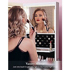 Nicetree Touch Screen LED Jewelry Organizer, Freestanding Full Length Mirror Jewelry Cabinet, Standing Mirror with Jewelry Storage, 2 Drawers, Foldable Makeup Shelf，White