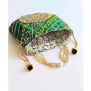 Potli Bag For Woman Ethnic Bandhej Polti Bag, Elegant Evening Wedding Party Purse For Women's BY PANACHE MERCHANT (Green)