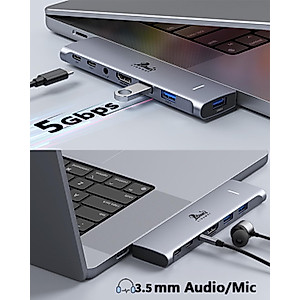 USB C Hub Adapter for MacBook Pro/Air M1M2 2022 2021 2020 13" 15" 16",Multiport MacBook Adapter MacBook Accessories with 4K HDMI,3USB3.0,Audio,100W Thunderbolt-Enabled USB-C,Support MagSafe 3 Charging