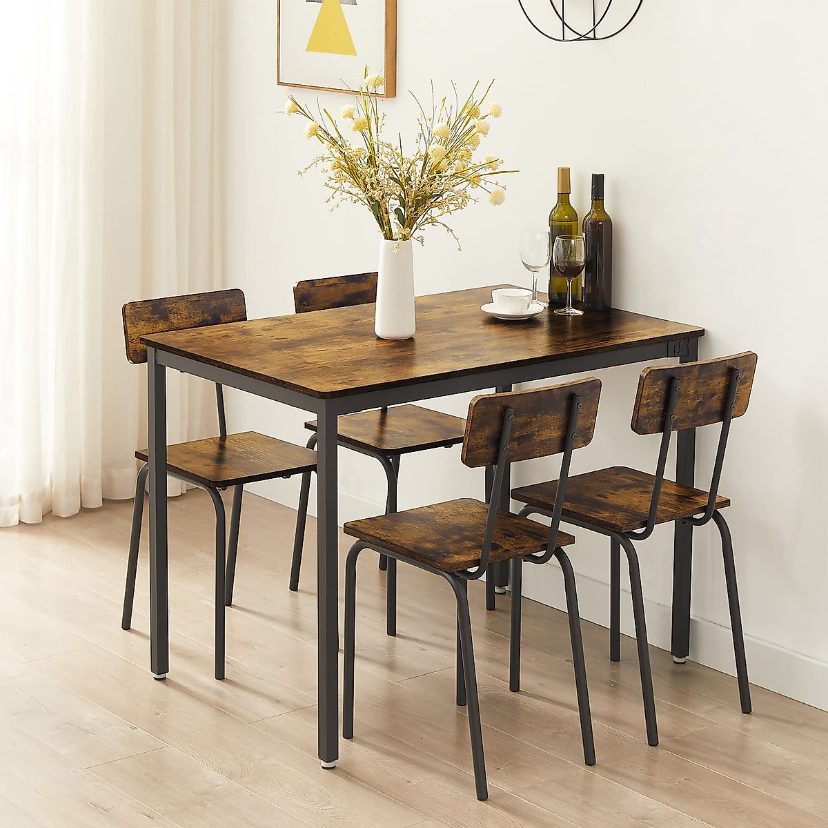 Dining Table Set for 4, 5-Piece Dining Chair with Backrest for Small Spaces, Bar Table and Chairs Set, Person Counter Height Table Set with 4 Chairs for Pub Restaurant Dinner Breakfast(Rustic Brown)