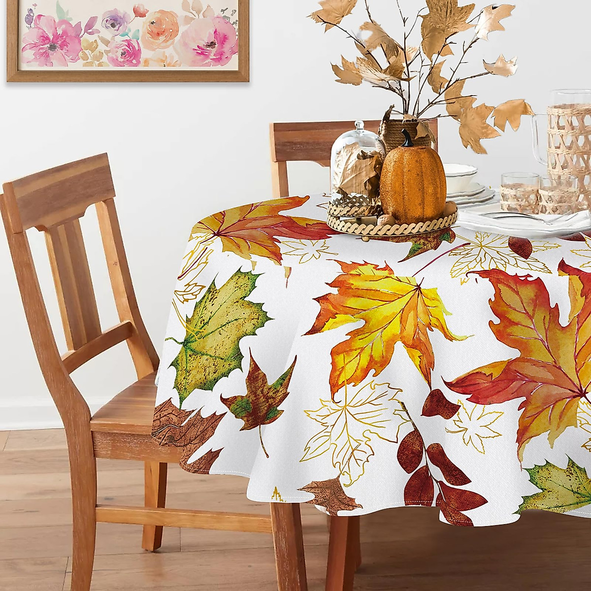 Tailus Fall Maple Leaves Round Tablecloth 60 x 60 Inch, Autumn Gold Leaf Decorative Table Cloth Rustic Dining Table Cover, Farmhouse Thanksgiving Dinner Party Picnic Decoration