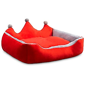 Hollypet Pet Bed for Dog and Cat Rectangle Plush Warm Puppy Sofa Mat Cushion, Red Crown