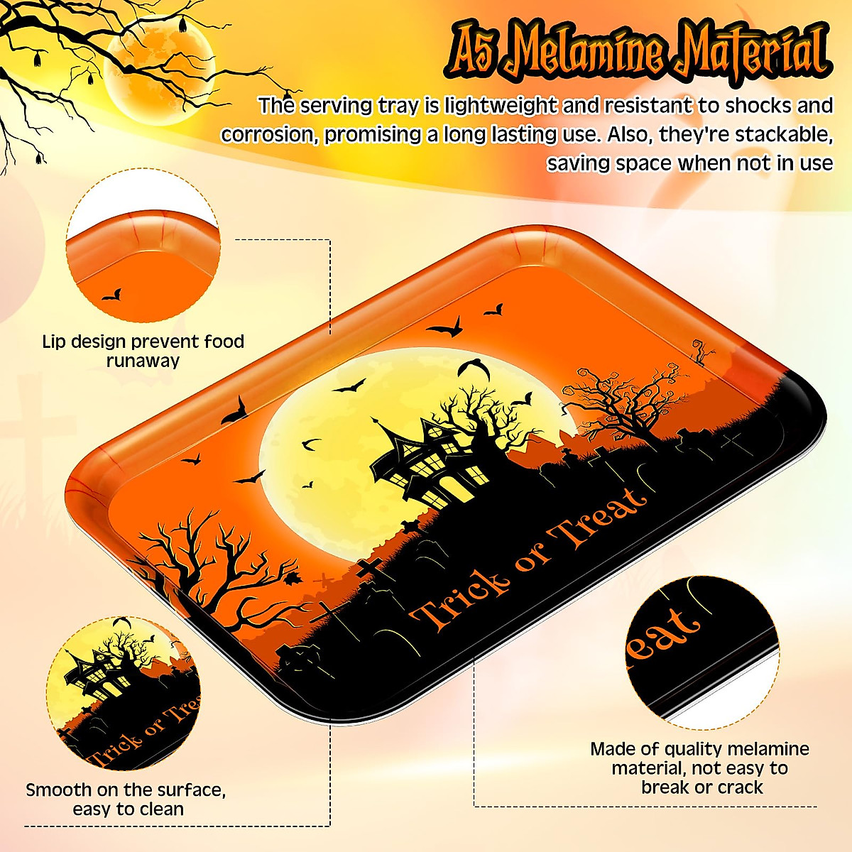 Baderke 3 Pcs Halloween Serving Trays 13 x 10 Inch Reusable Pumpkin Food Snack Trays Melamine Rectangular Party Dinner Plates for Halloween Trick or Treat Party Tableware Supplies