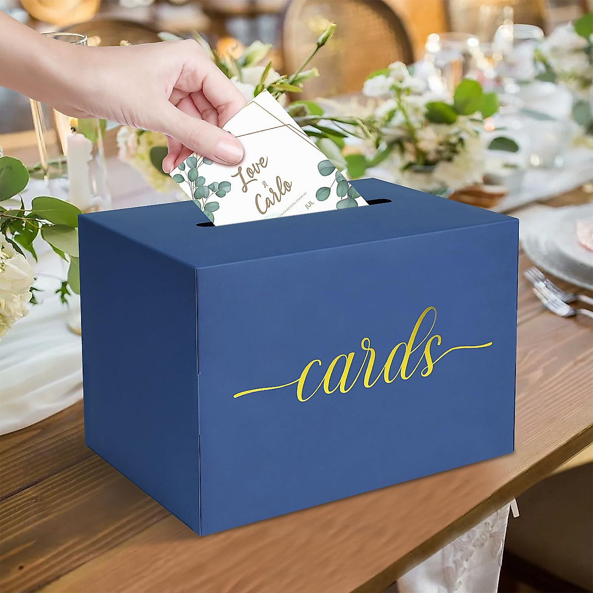 1 Pack Navy Blue and Gold Foil Card Box for Party, Wedding Card Box Gift Cards Receiving Box Money Box for Birthday, Bridal or Baby Showers, Retirement, Anniversary, Graduation, Raffle Ticket Box