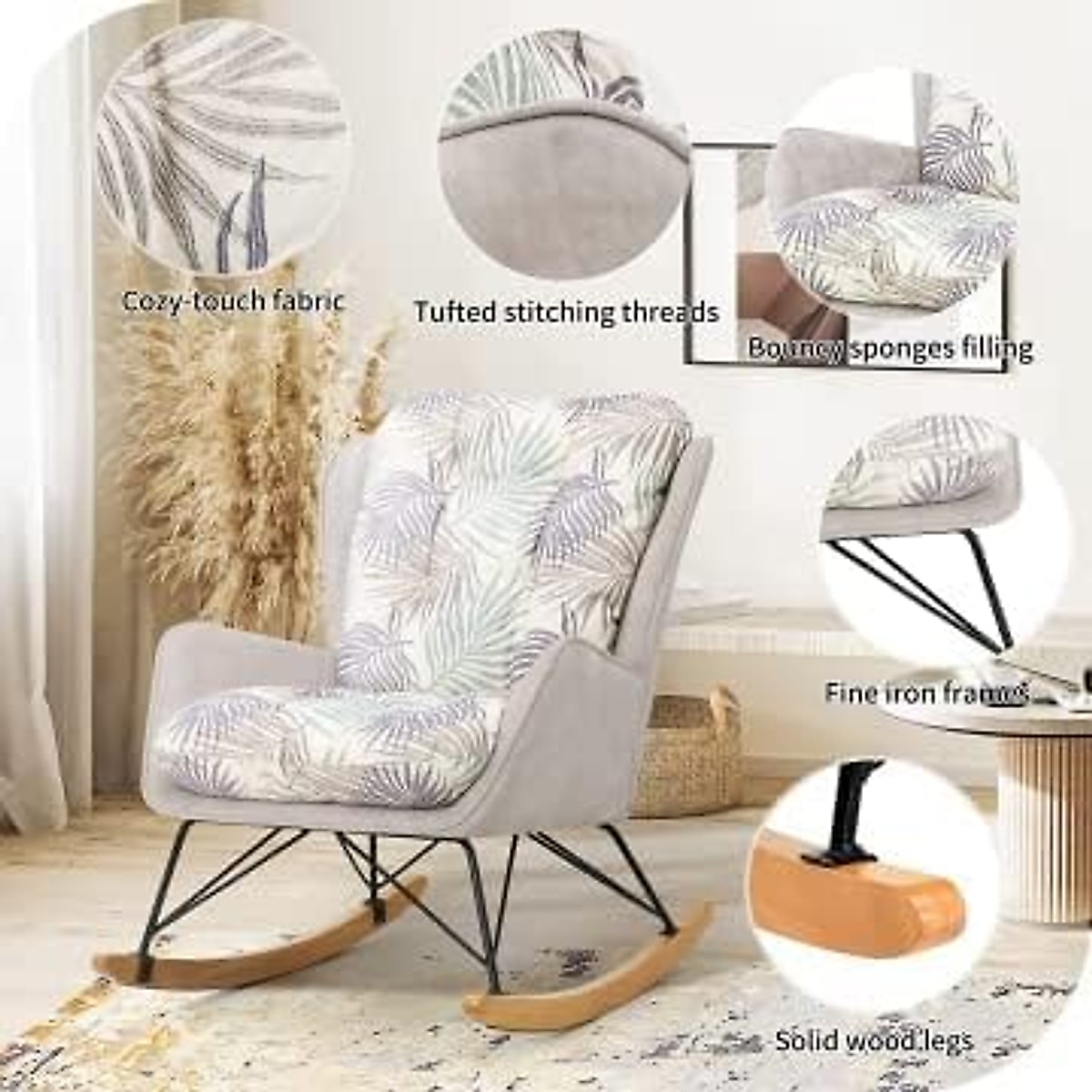 DWVO Modern Rocking Chair for Nursery, Thickened Removable Cushions Upholstered Glider Rocker Chair Armchair with Tall Back Comfy Side Chair Indoor for Living Room Bedroom, Beige
