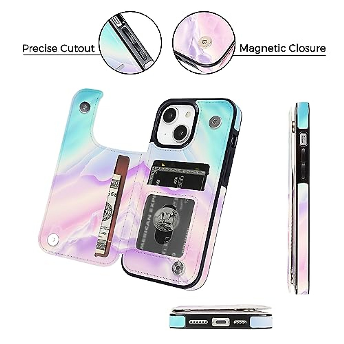 uCOLOR Flip Leather Wallet Case Card Holder Compatible with iPhone 13 6.1 iPhone 14 6.1 Women and Girls with Card Holder Kickstand (Pastel Pink Marble)