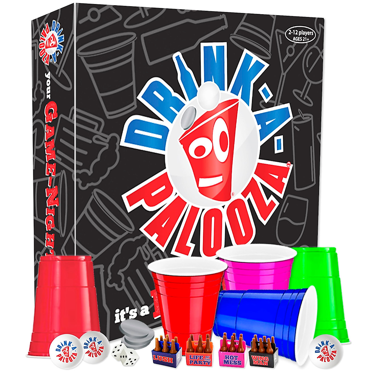 DRINK-A-PALOOZA Drinking Games for Adults - Competitive Board Game for Parties, 21st Birthdays, and Game Nights; Features Drinking Card Games, Beer Pong, and Couples Games – The Perfect Novelty Gift