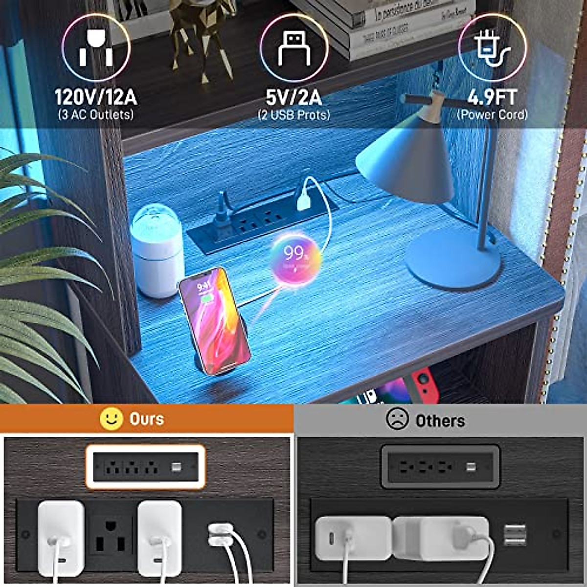 Tall Nightstand with Charging Station and LED Lights - 47" Tall Bedside Table with Adjustable Bookshelf, Industrial End Table Side Table with Storage Cabinet for Home Office, Enoch Walnut