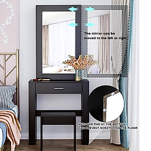 PHPMFTOS Makeup Vanity Desk with Mirror and Stool Bedroom Dressing Table with Storage Shelves Drawer Vanity Set for Women (Black)
