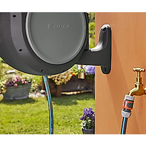 GARDENA 8055-100 Foot Wall Mounted Retractable Reel with Hose Guide, Automatic retraction for Easy Watering