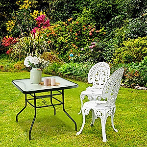 Tangkula Outdoor Dining Table with 2 inches Umbrella Hole, 32 inches Tempered Glass Top Square Patio Table, for Balcony, Backyard, Poolside and Sunroom