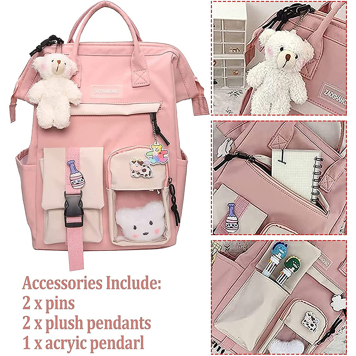 Skyearman Kawaii Backpack with Cute Accessories Kawaii Pin Large Capacity Girl School Bag Rucksack Multi-Pocket Hanging Bear (Purple a),One Size