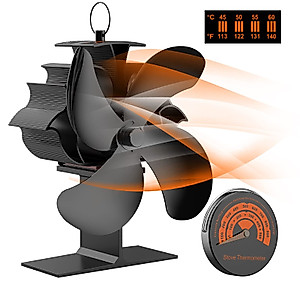 Sterktlys Wood Stove Fan, 4-Blade Heat Powered Stove Top Fan with Temperature Label, Magnetic Stove Thermometer, Efficient Heat Distribution & Silent Operation, for Fireplace, Log Burner, Pellet Stove