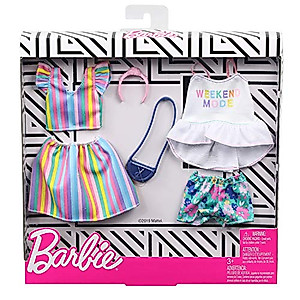 Barbie Clothes -2 Outfits for Barbie Doll Include a Top with ‘Weekend Mode’ Graphic, Floral Shorts and a Striped Top and Skirt with Purse and Headband, Gift for 3 to 8 Year Olds