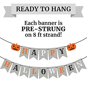 Pre-Strung Happy Halloween Banner - NO DIY - Black Glitter Halloween Banner - Pre-Strung Garland on 8 ft Strand - Pumpkin Jack O'Lantern Halloween Party Decorations & Decor. Did we mention no DIY?
