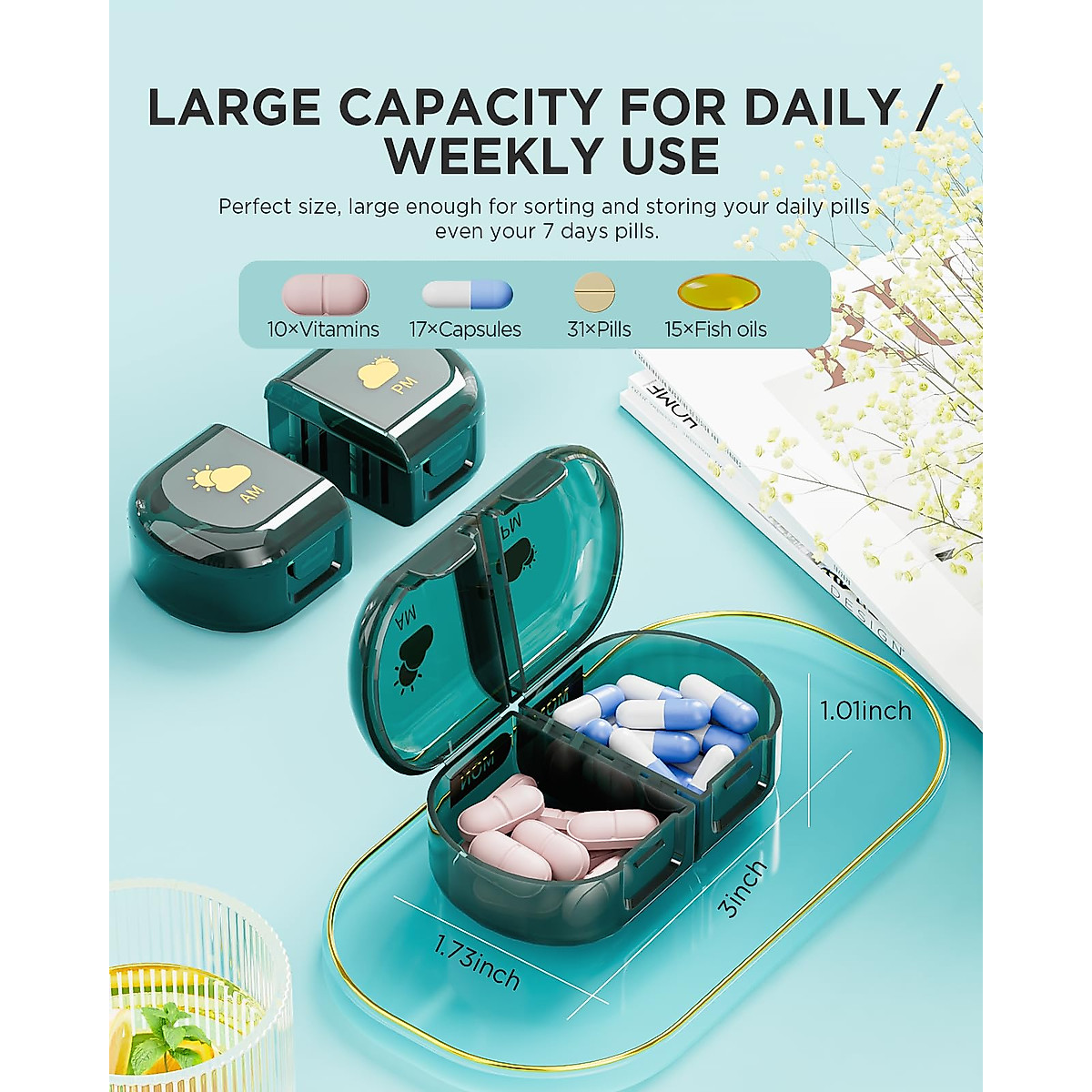 Pill Organizer 2 Times a Day, Large Weekly AM PM Pill Organizer, Acedada Twice Daily Pill Box 7 Day with Detachable Compartment, Big Medicine Container Case Holder for Vitamin Fish Oil Supplement, DG