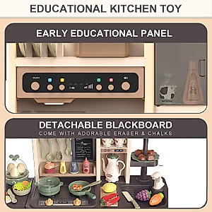 Roxie Play Kitchen Set for Girls, Pink Kitchen with Realistic Lights & Sounds, Play Sink with Runnng Water, Cooking Stove with Steam, 65 PCS Jumbo Kitchen Toys for Kids