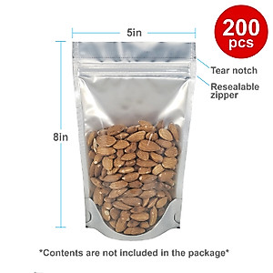 Silver/Clear Mylar Stand Up Bags Pouches with Zipper 5 X 8 X 2.5 inches (4 ounce) 200 pcs