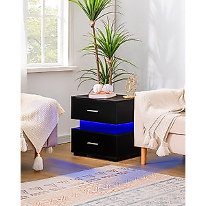 WEENFON Night Stands, LED nightstand with Charging Station, Bedside Table with 2 Wider and Deeper Drawers, Nightstand, Modern Design, End Side Table, Black