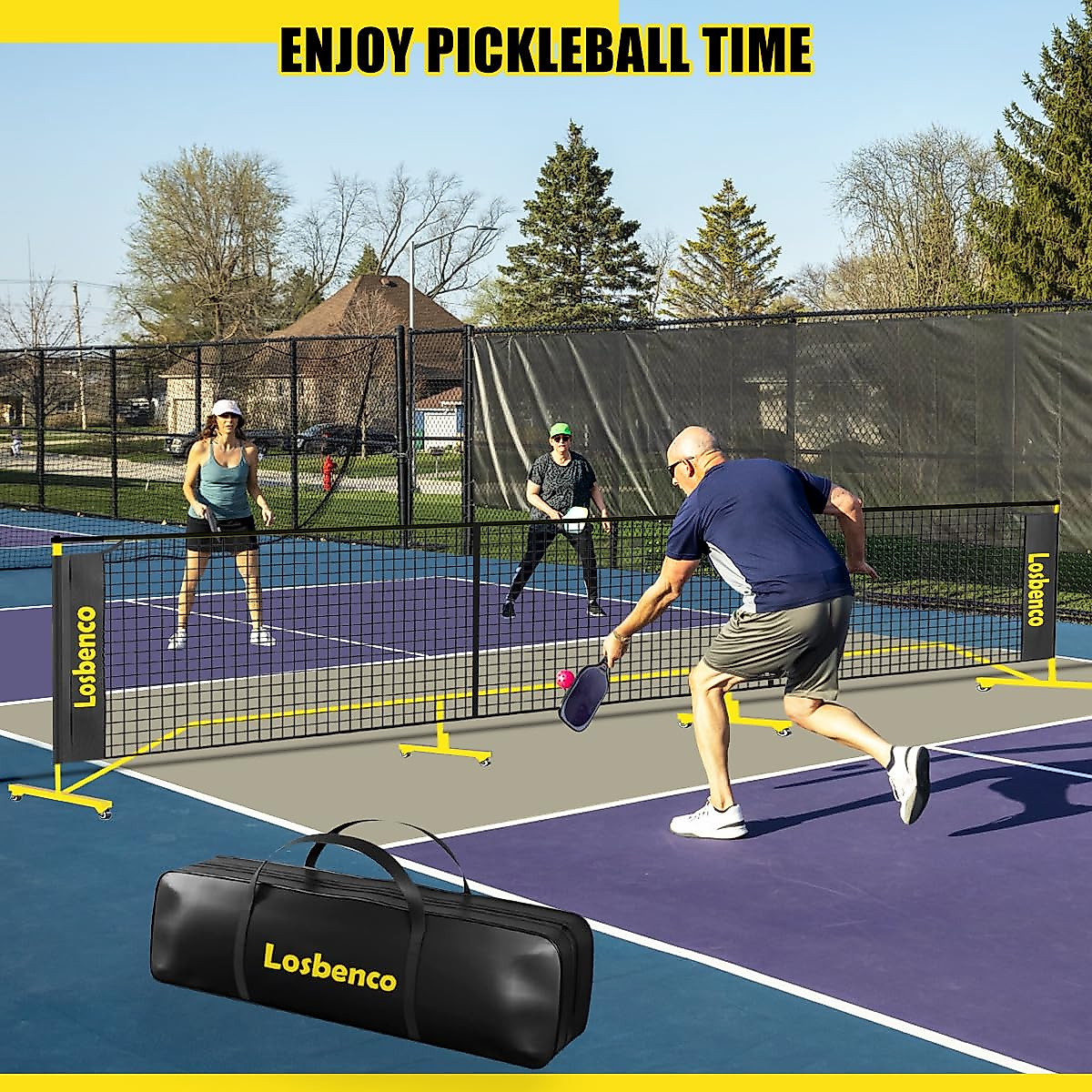 Losbenco Pickleball Net with Wheels Court Lines, Metal Frame & Regulation Size 22FT, 6-in-1 Adjustable Portable Net for Playing Pickleball, Tennis, Volleyball & Soccer and Backyard Games