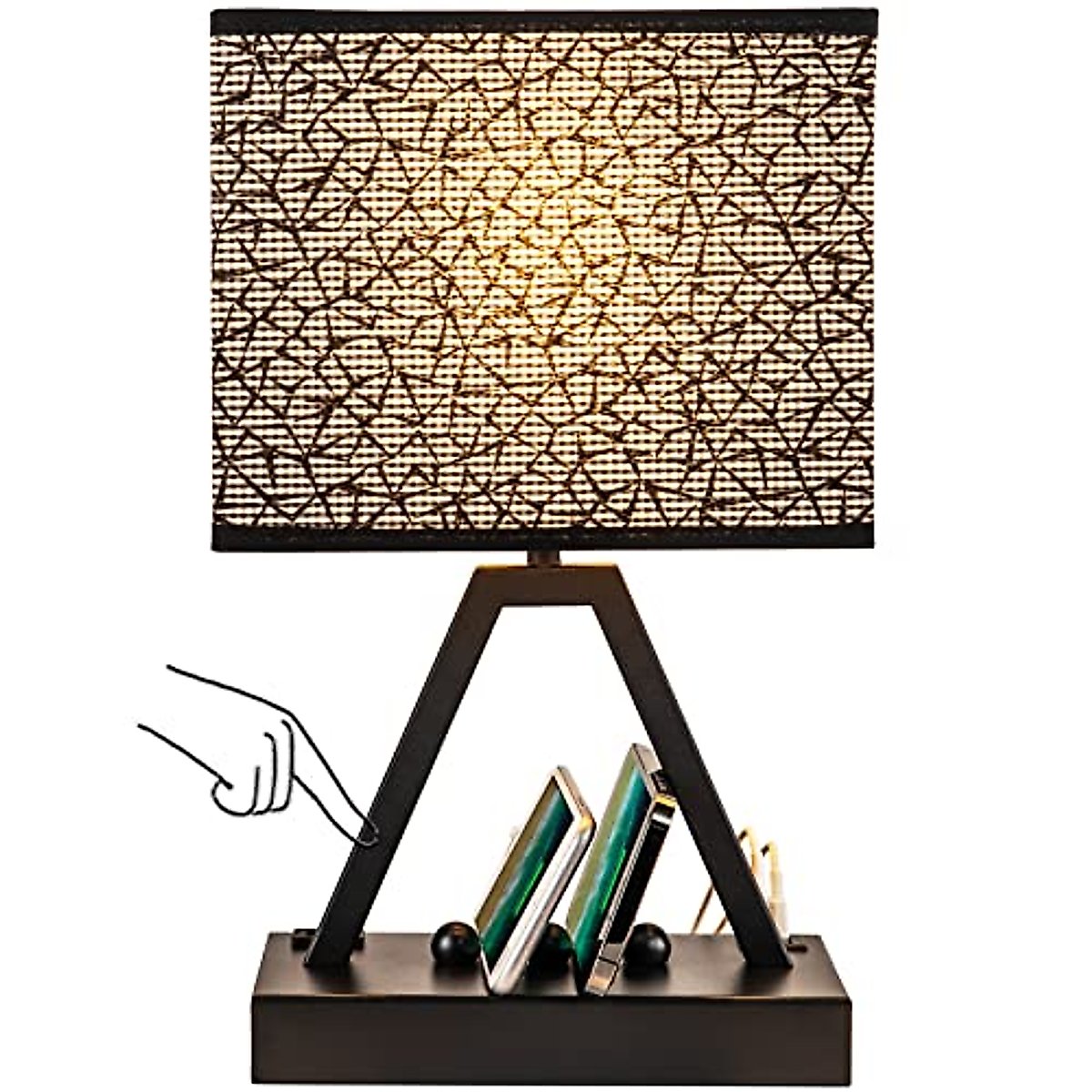 Briever USB C Touch Control Table Lamp, 3-Way Dimmable Desk Lamp with USB C & USB A and AC Outlet, Bedside Lamp with Phone Stands and Black Shade for Bedroom, Living Room, Office, LED Bulb Included