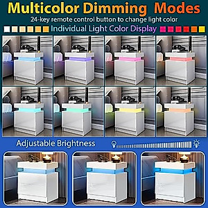 HOMMPA LED Nightstand White Nightstand with Led Lights Modern Night Stand with 2 High Gloss Drawers Led Bedside Table Smart Nightstand for Bedroom 20.5” Tall