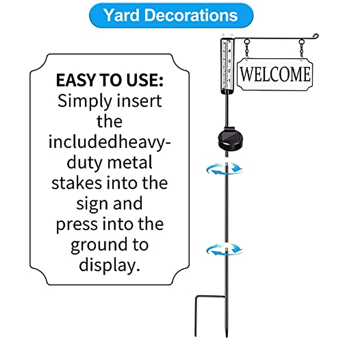 Uitpon 36" Rain Gauge Outdoor Decorative with Solar Powered Light,Metal“Welcome”Yard Sign Stakes with Plastic Rain Measure Gauge for Garden Lawn Decorations