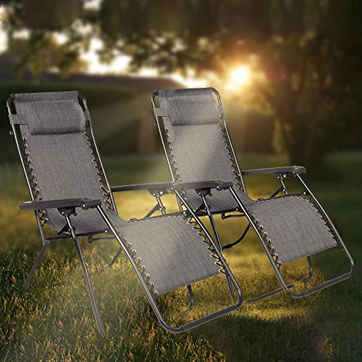 KEPLIN Zero Gravity Chairs Set of 2 with Canopy - Made of Textoline I Heavy Duty Lounger for Garden I Patio Sun Loungers I Folding Reclining Chairs (Grey)