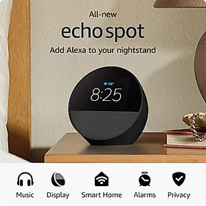 Amazon Echo Spot (newest model), Great for nightstands, offices and kitchens, Smart alarm clock with Alexa, Black